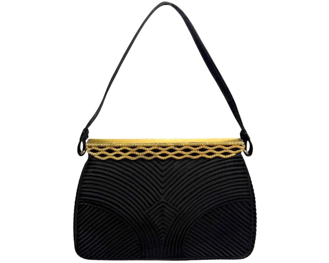Vintage Sacha France Evening Bag – Black Ribbed Silk Purse With Gold ...