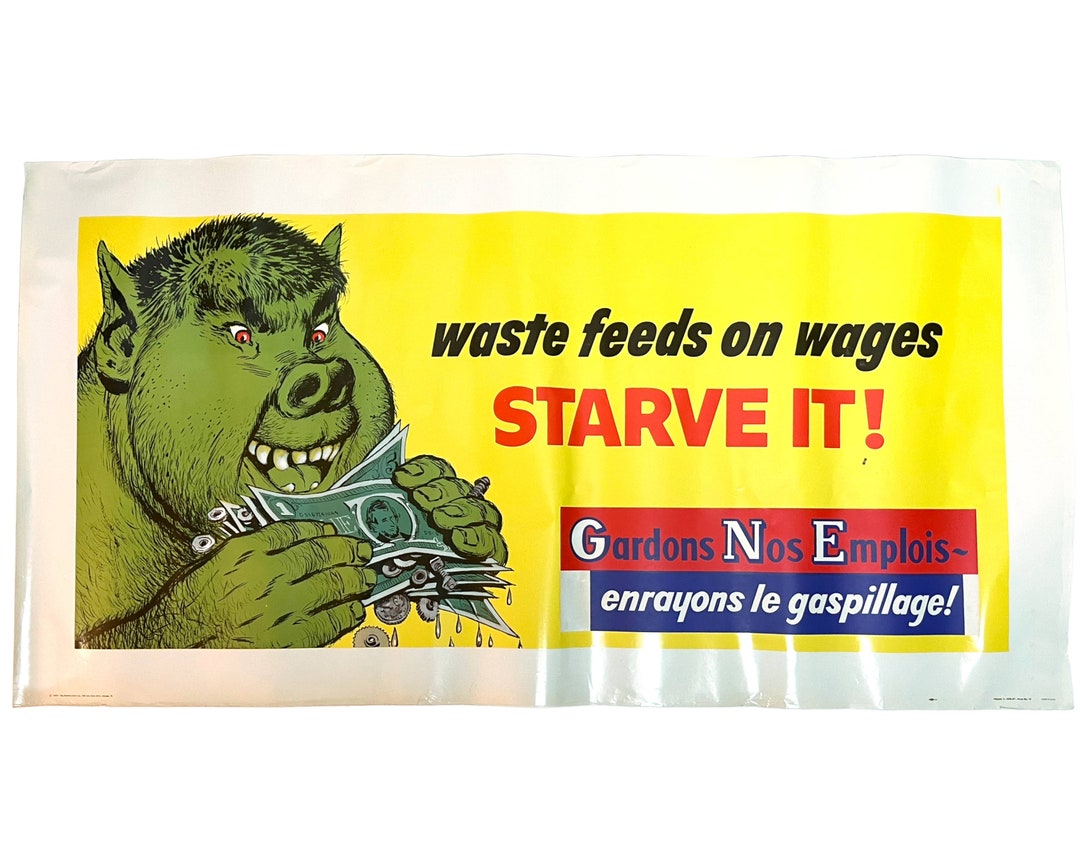 Huge Vintage 1950s Illustrated Motivational Poster Workplace Waste ...