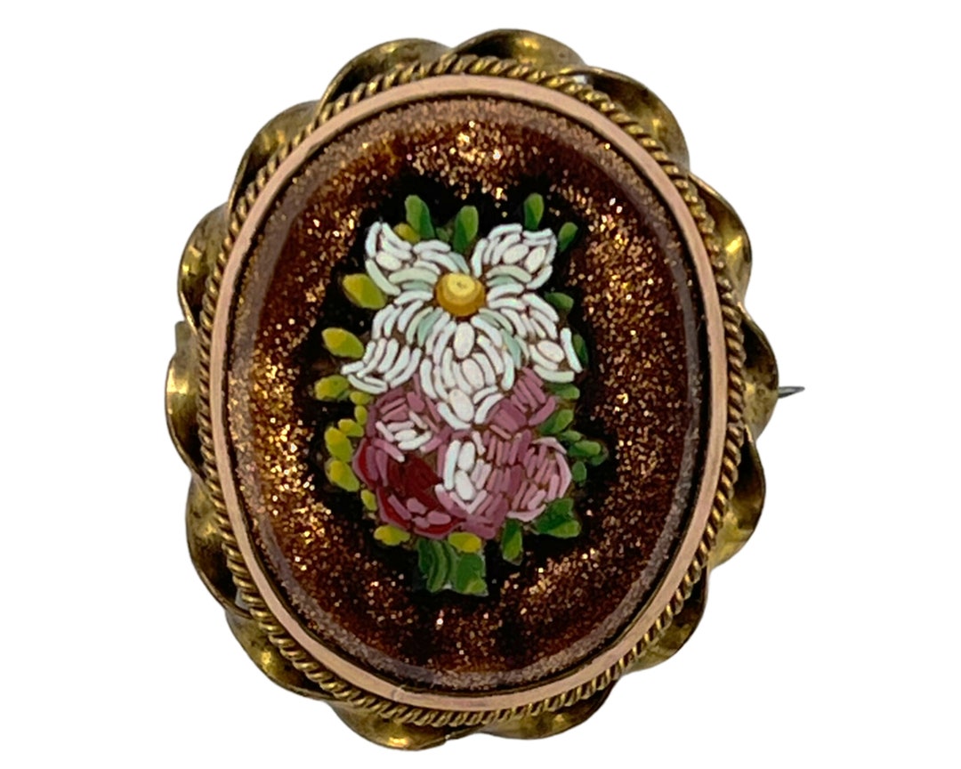 Antique Italian Micro Mosaic Goldstone Brooch Pin W Gold Rolled Setting ...