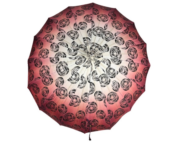 Vintage 1940s 50s Umbrella Swirl Print Toned Canopy - Gem