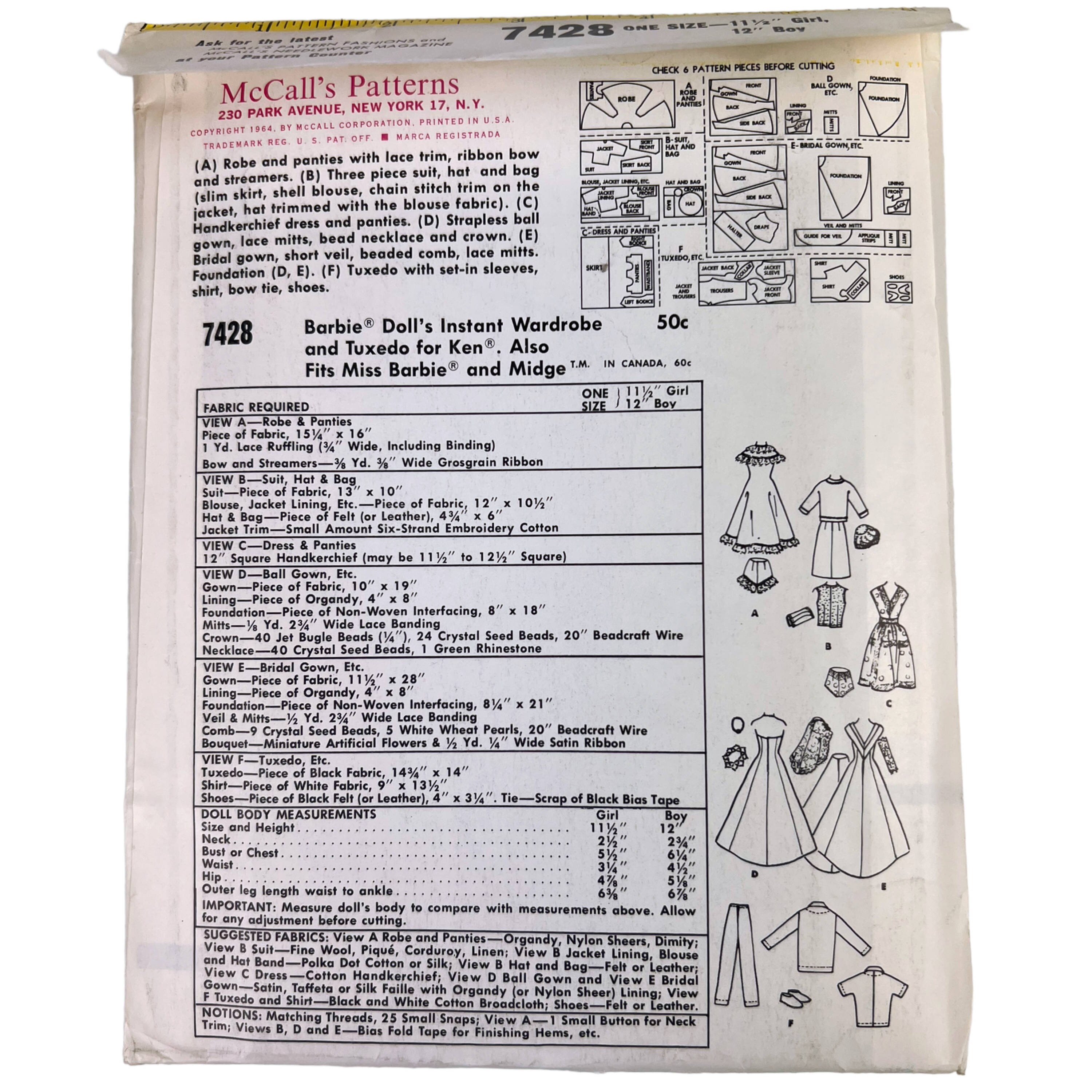 Vintage 1964 Barbie & Ken Doll Clothing Pattern Uncut Mccall’s 7428 ...