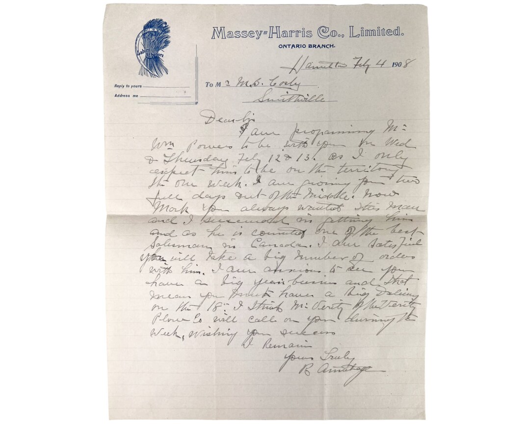 Antique Massey Harris Letter 1908 Sales Call Original & Authentic - Etsy