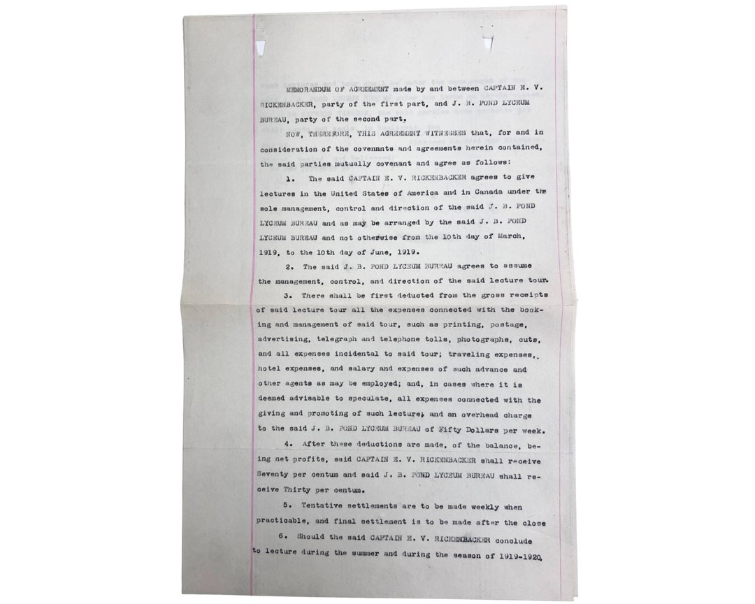 WWI Flying Ace Captain Eddy Rickenbacker 1919 Speaking Contract With JB Pond Lyceum Bureau - Etsy