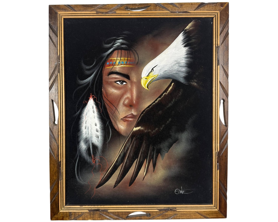 Vintage 1970s Black Velvet Painting Native American Indian Signed Ortiz ...