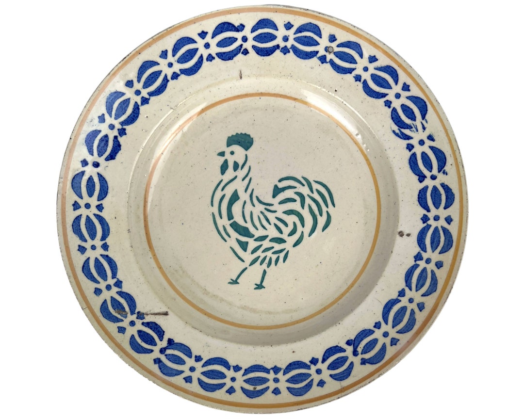 Antique Faience Pottery Plate Rooster Stencil Sponge Ware 19th C French ...