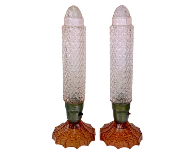 Pair of Art Deco Torpedo Boudoir Lamps Pink Glass W Bullet Skyscraper ...
