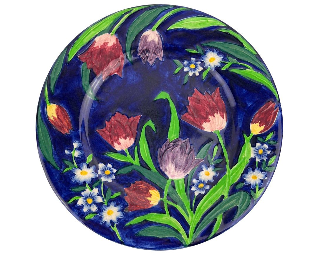 Vintage Maling Pottery Tulips Cabinet Plate Wall Plaque Tube Lined Blue ...