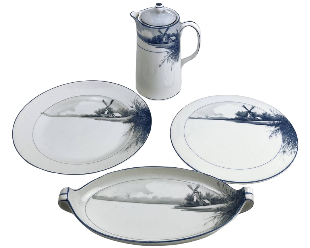 Antique Nippon Porcelain Windmill Set 4 Pc Pitcher Tray Trivet Plate ...