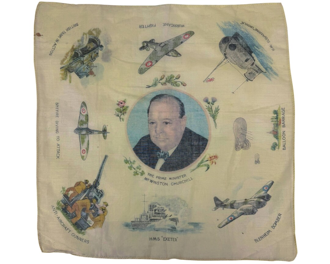 WWII British Handkerchief Winston Churchill Hankie Military Planes Guns ...