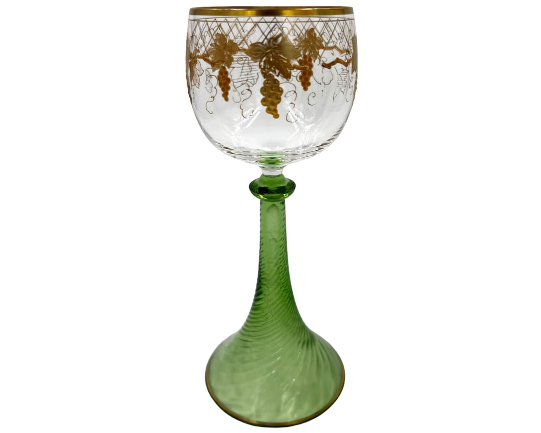 Antique Moser Roemer Hock Wine Glass Green Spiral Conical Stem Gold ...