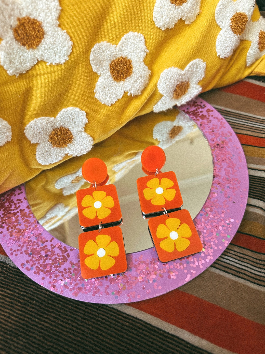 1970s Inspired Retro Groovy Flower Earrings in Tangerine Double Laylas ...