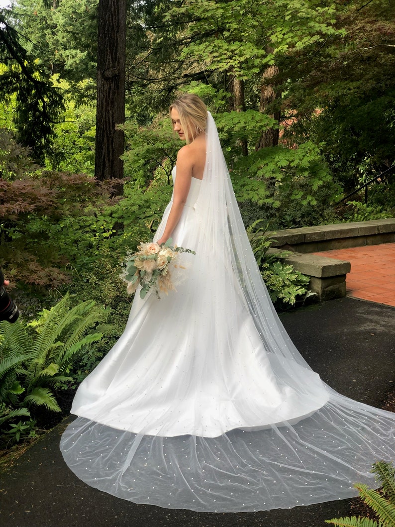 Cathedral Length, Extra Wide Scattered Pearl Veil on Soft Bridal Tulle ...