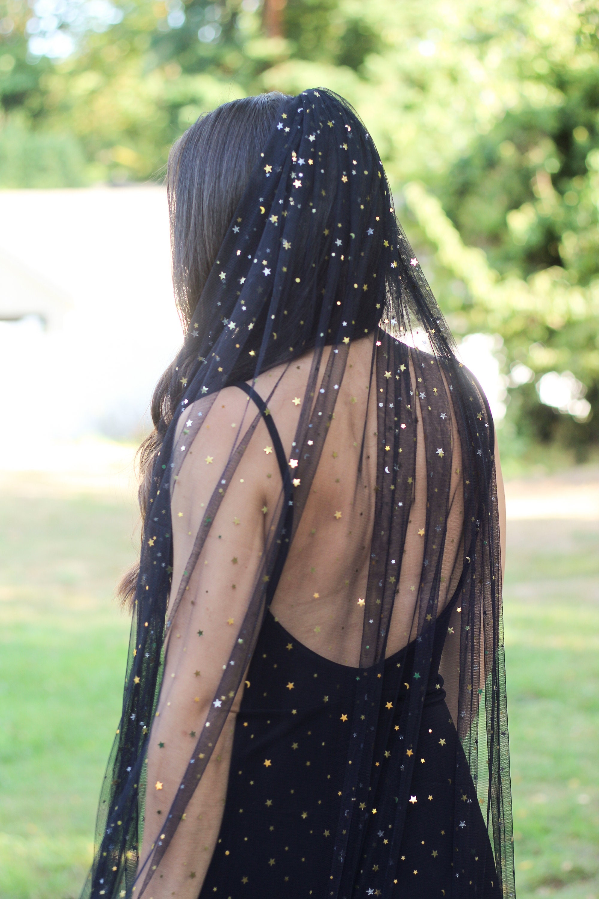 Celestial Wedding Veil With Gold Moons and Stars Black or | Etsy