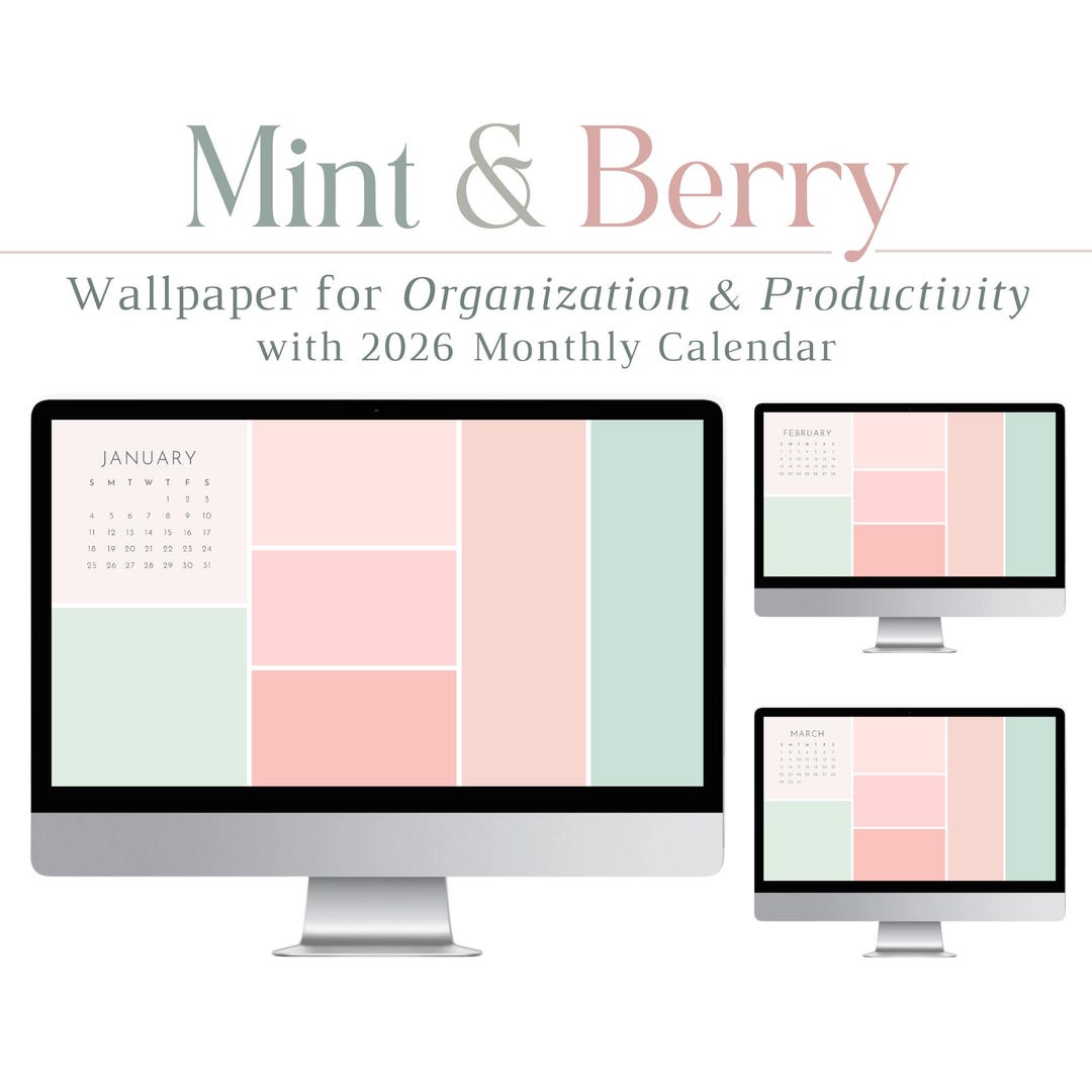 2026 Mint & Berry Wallpaper, Computer Organizer, Calendar, Laptop, Desktop, Organization ...