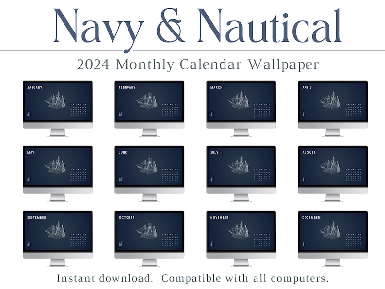 Navy & Nautical Desktop Wallpaper, 2024 Calendar, Computer Background ...