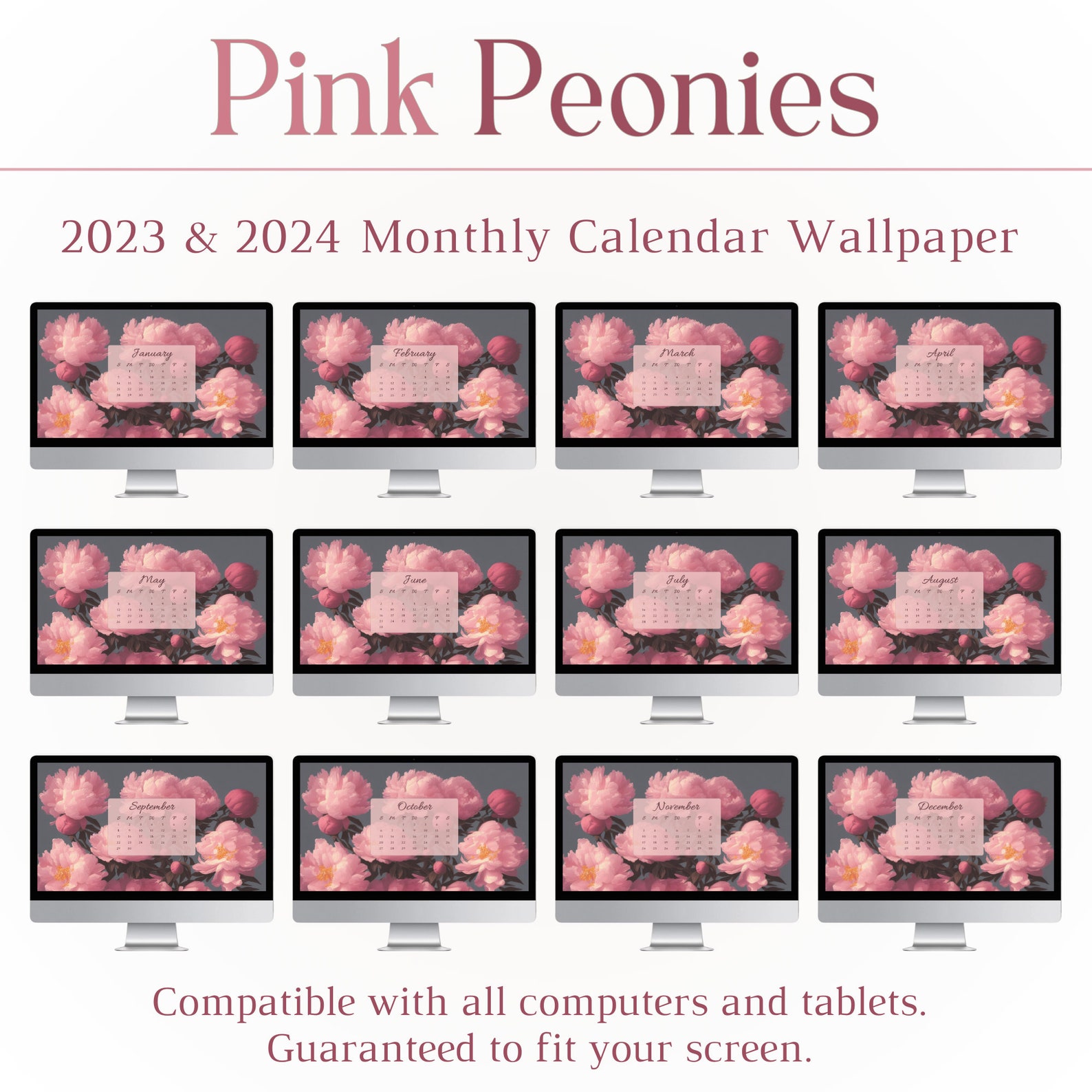 2023 & 2024 Desktop Wallpaper, Floral, Wallpaper Calendar, Pink Peonies ...