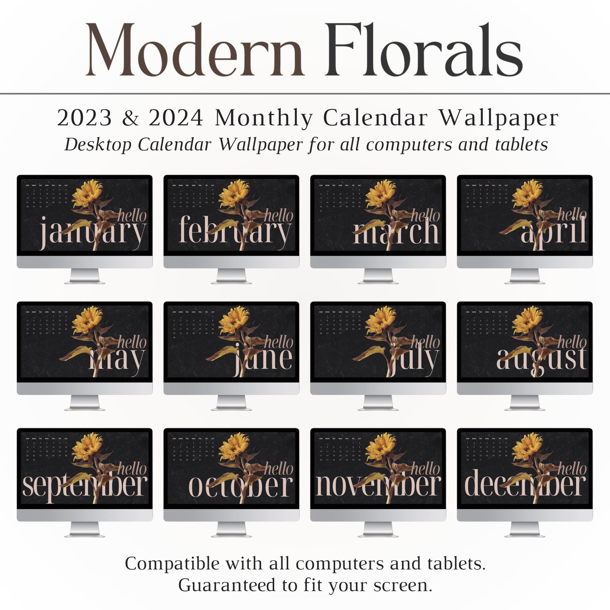 2023 & 2024 Desktop Wallpaper, Calendar, Floral, Dark, Dark Theme ...