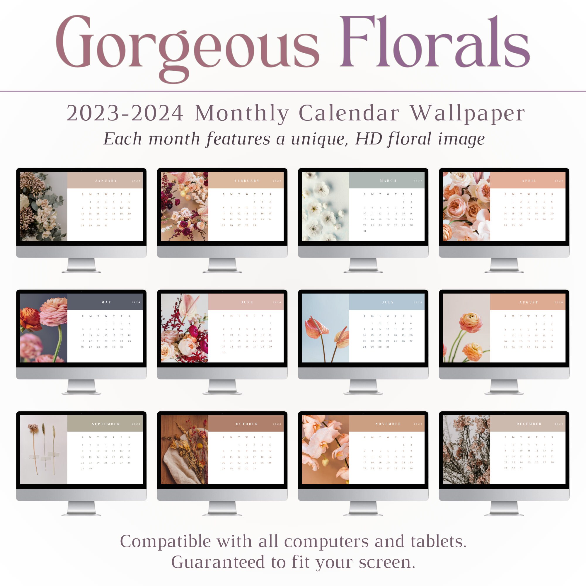 Gorgeous Florals Desktop Wallpaper + 2024 Calendar, Flowers, Floral ...