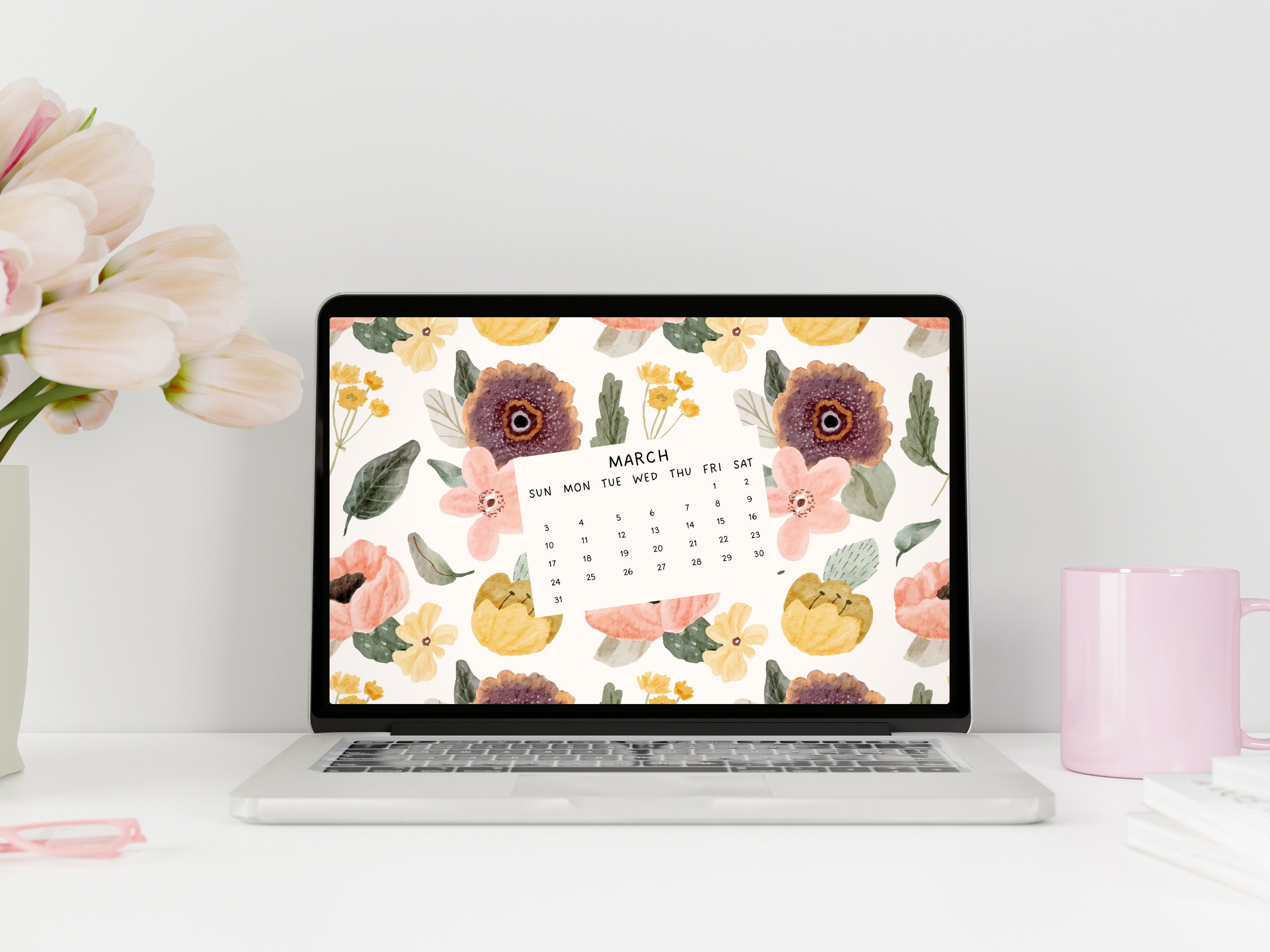 Floral Desktop Wallpaper + 2024 Calendar, Computer Background, PC, Mac ...