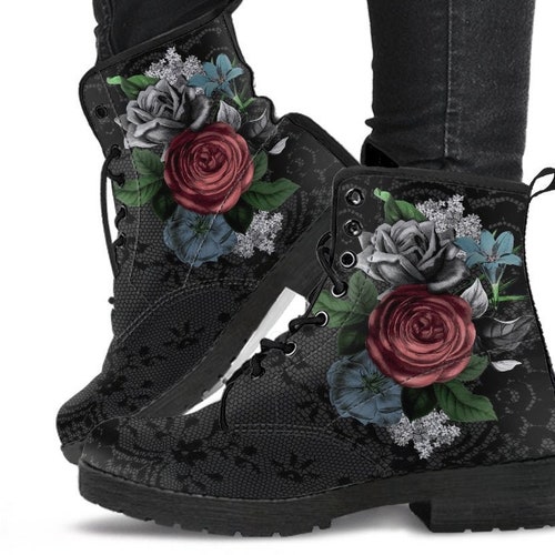 Combat Boots Vintage Roses in Black & White Women's - Etsy