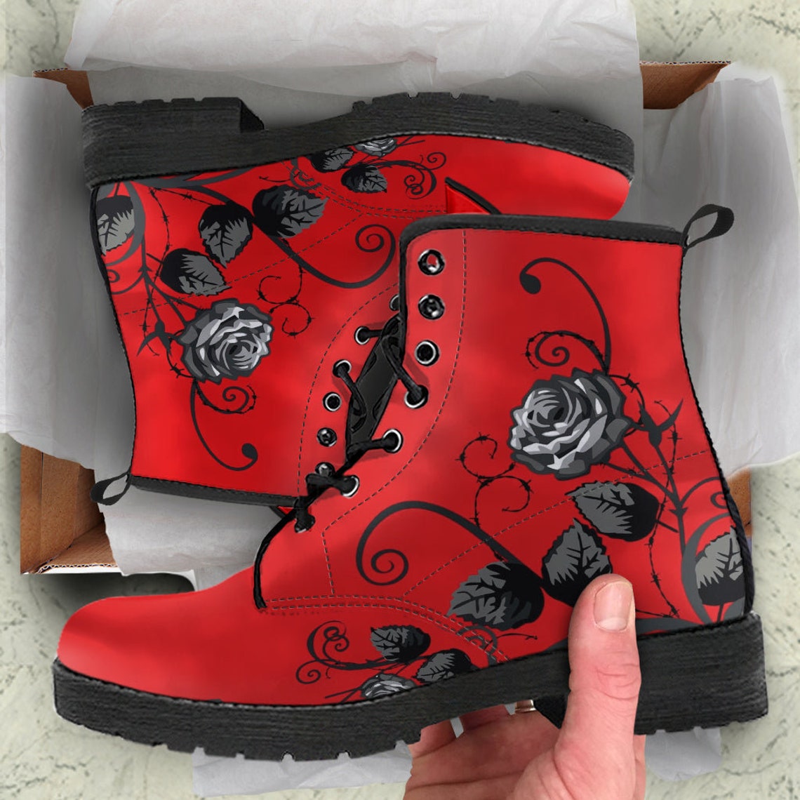 Red Combat Boots Gray Roses Red Boots Boho Shoes - Etsy