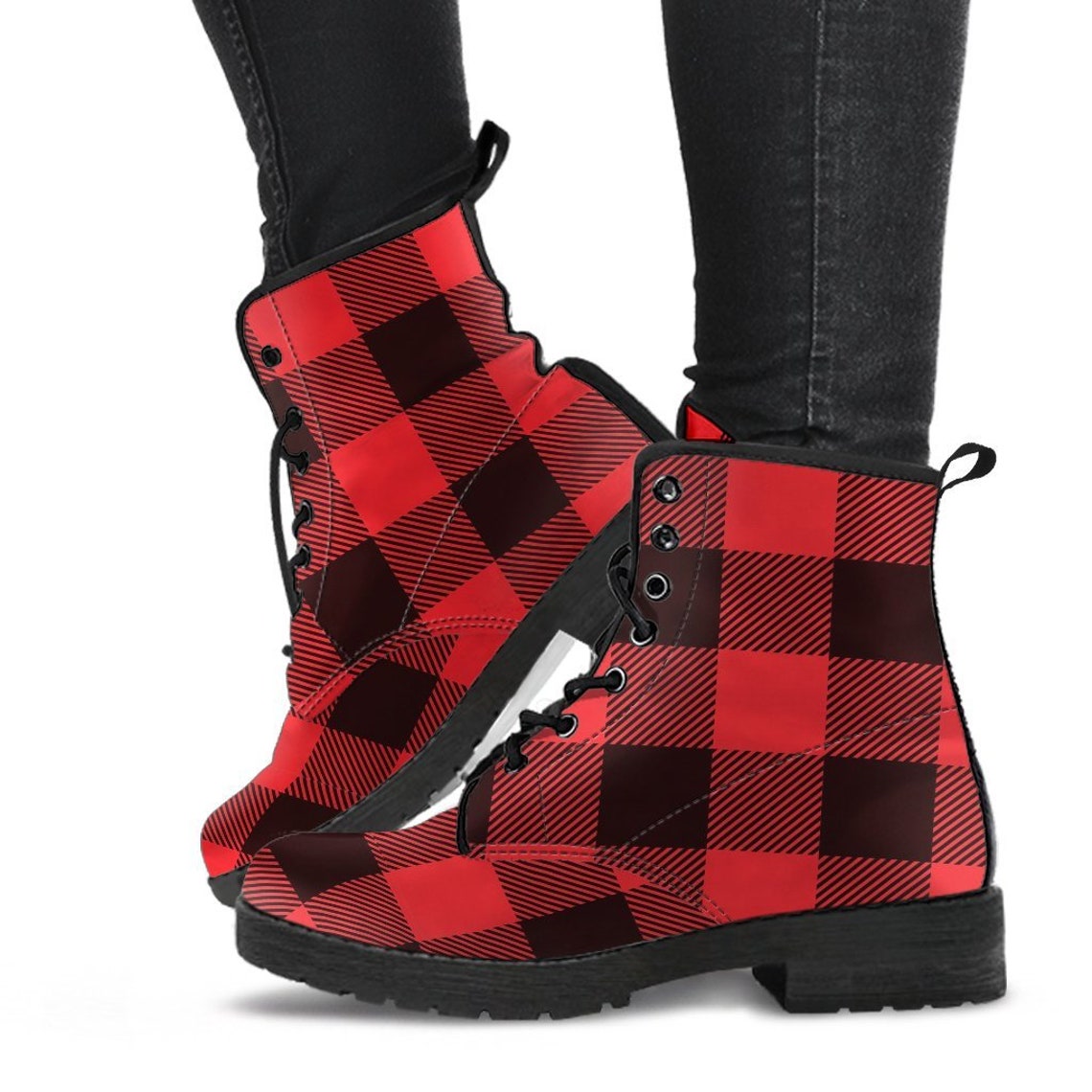 Combat Boots Black & Red Plaid Boots Red Boots Handmade | Etsy