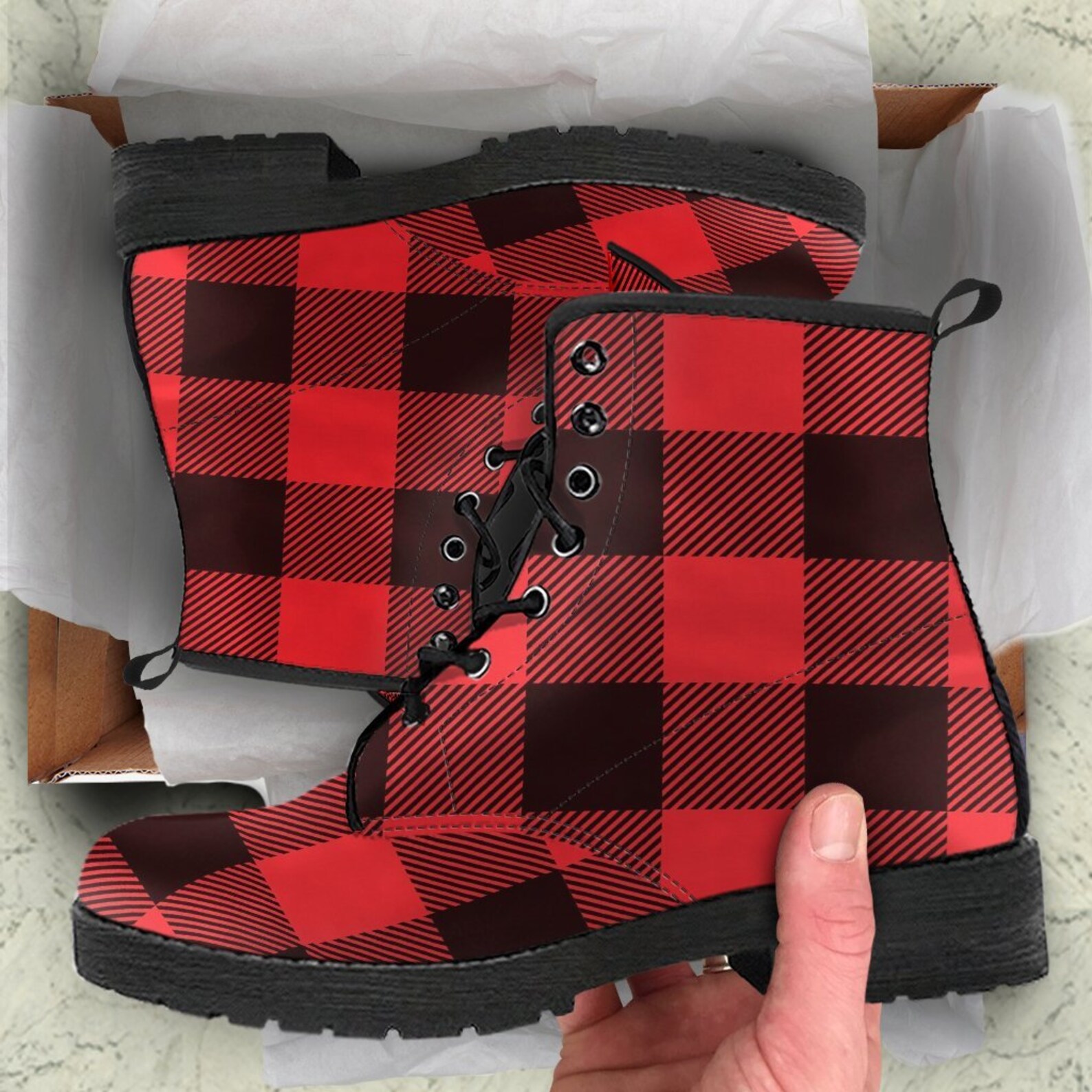 Combat Boots Black & Red Plaid Boots Red Boots Handmade | Etsy