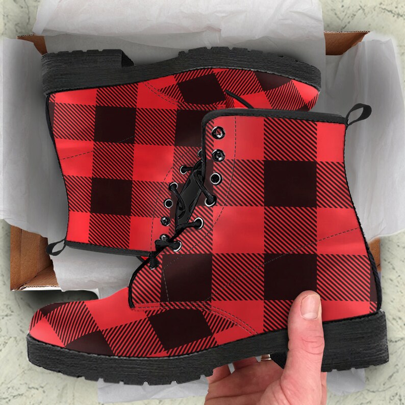 Combat Boots - Black & Red Plaid Boots | Red Boots, Handmade Lace up ...