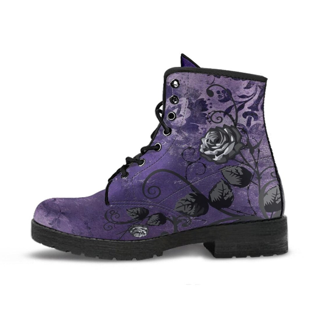 Purple Combat Boots - Gray Roses Dark Grunge Purple Boots for Women ...