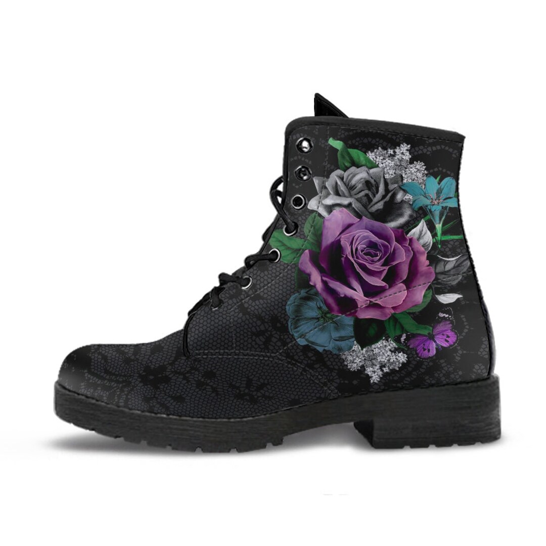 Combat Boots - Vintage Purple Flowers With Black Lace Print | Custom ...