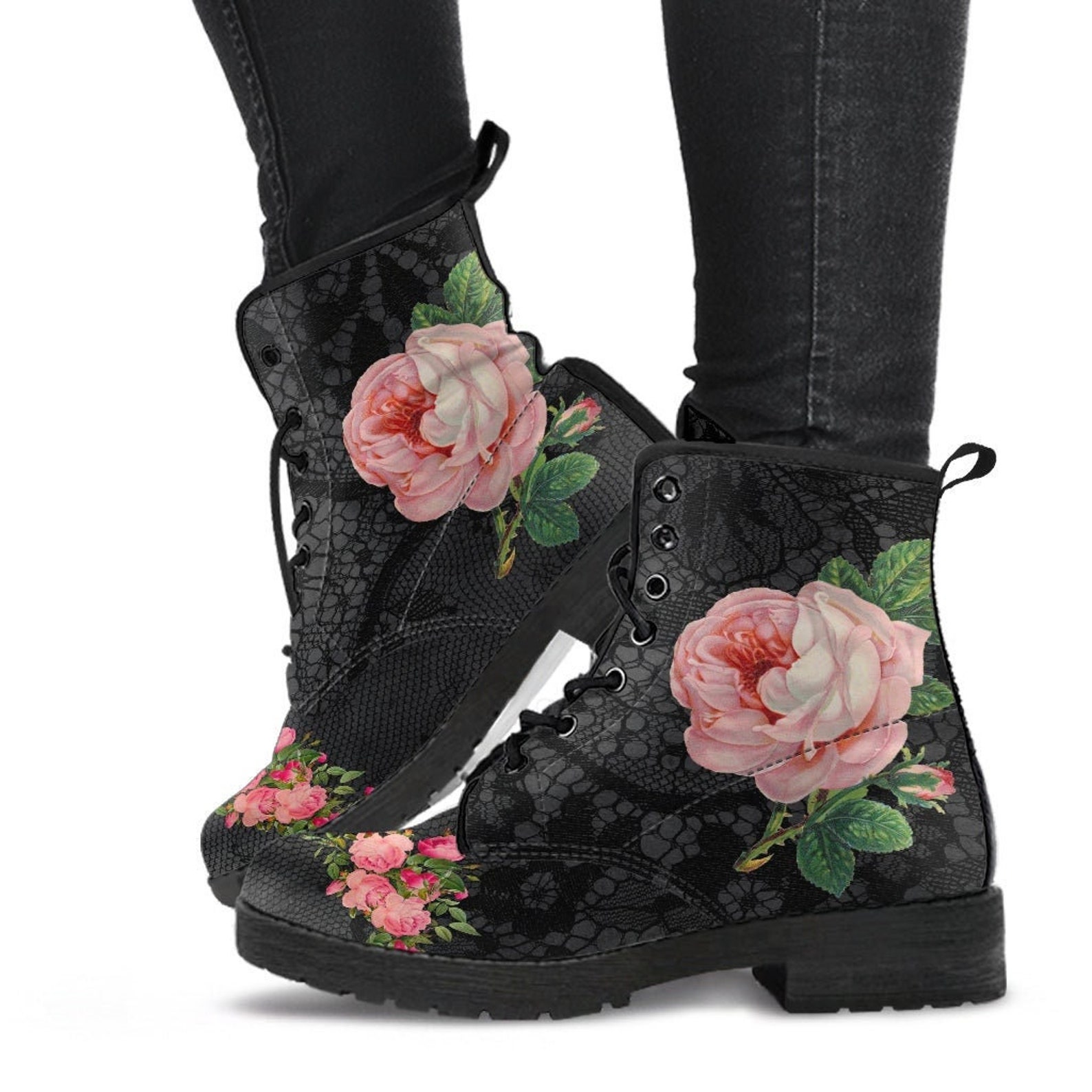Combat Boots - Vintage Style Flowers #103 | Boho Shoes, Handmade Lace ...