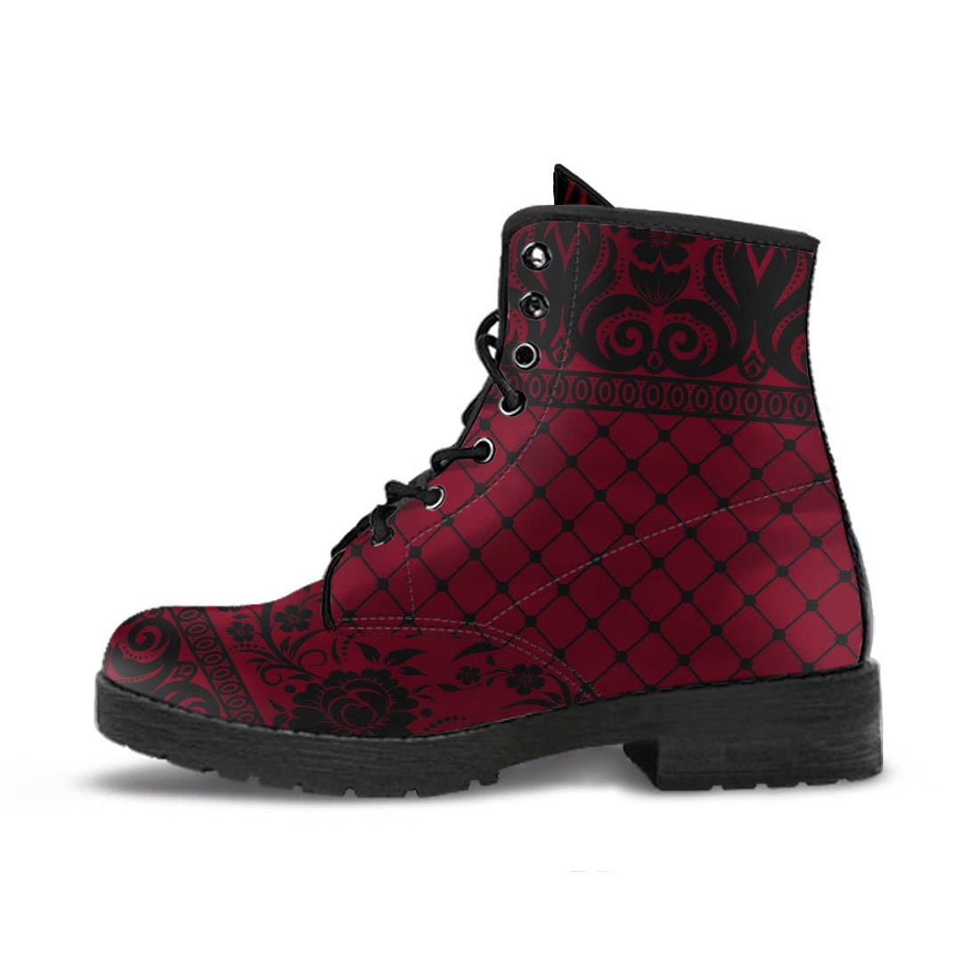 Maroon Combat Boots - Gothic Lace Print #110 | Custom Shoes, Women's ...