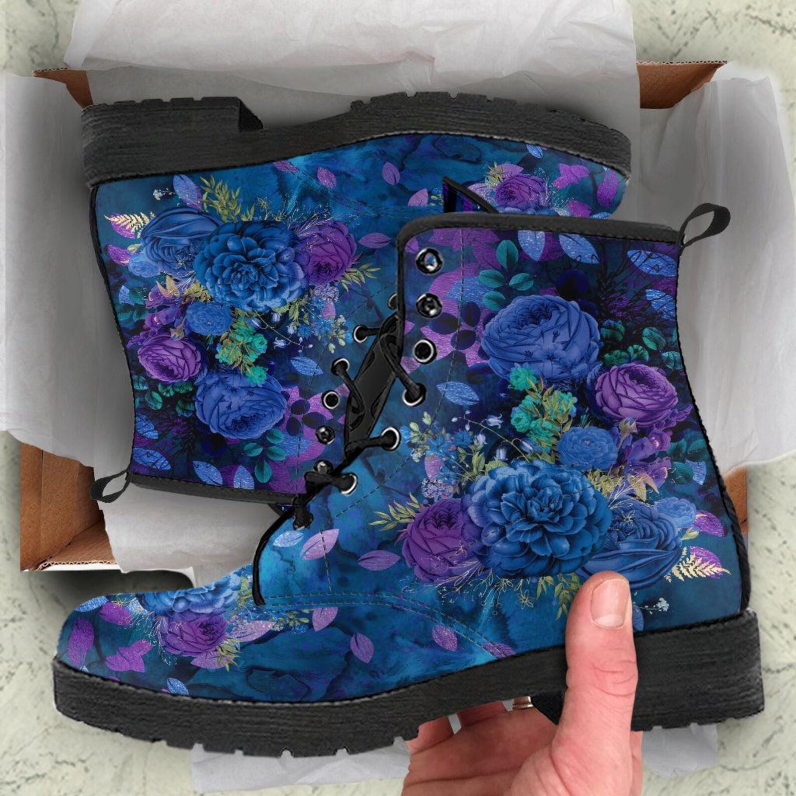Combat Boots - Beautiful Flowers #101 Blue Purple Boots for Women ...