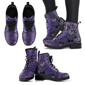 Purple Combat Boots - Gray Roses Dark Grunge Purple Boots for Women ...