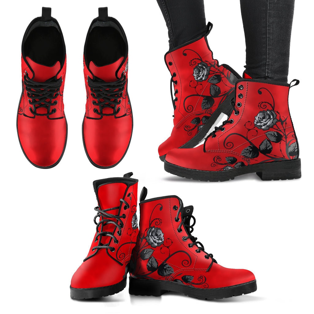 Red Combat Boots Gray Roses Red Boots Boho Shoes - Etsy