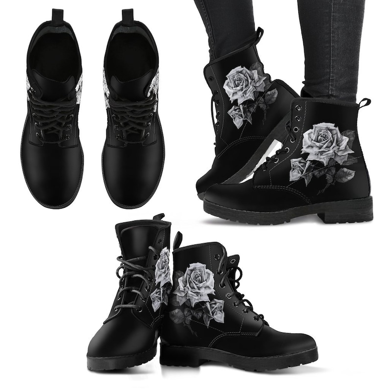 Combat Boots Vintage Roses in Black & White Women's - Etsy