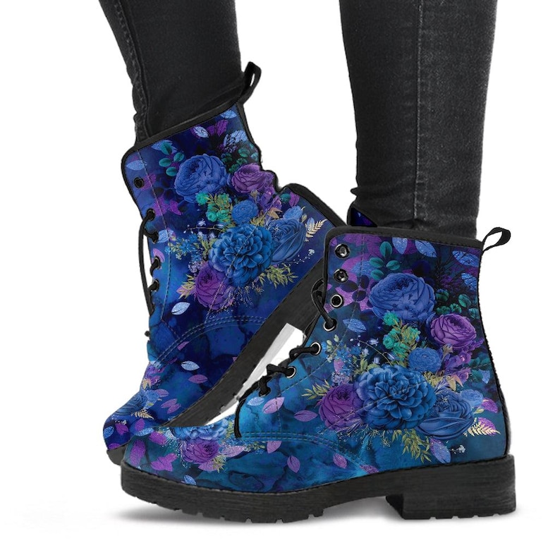 Combat Boots - Beautiful Flowers #101 Blue Purple Boots for Women ...