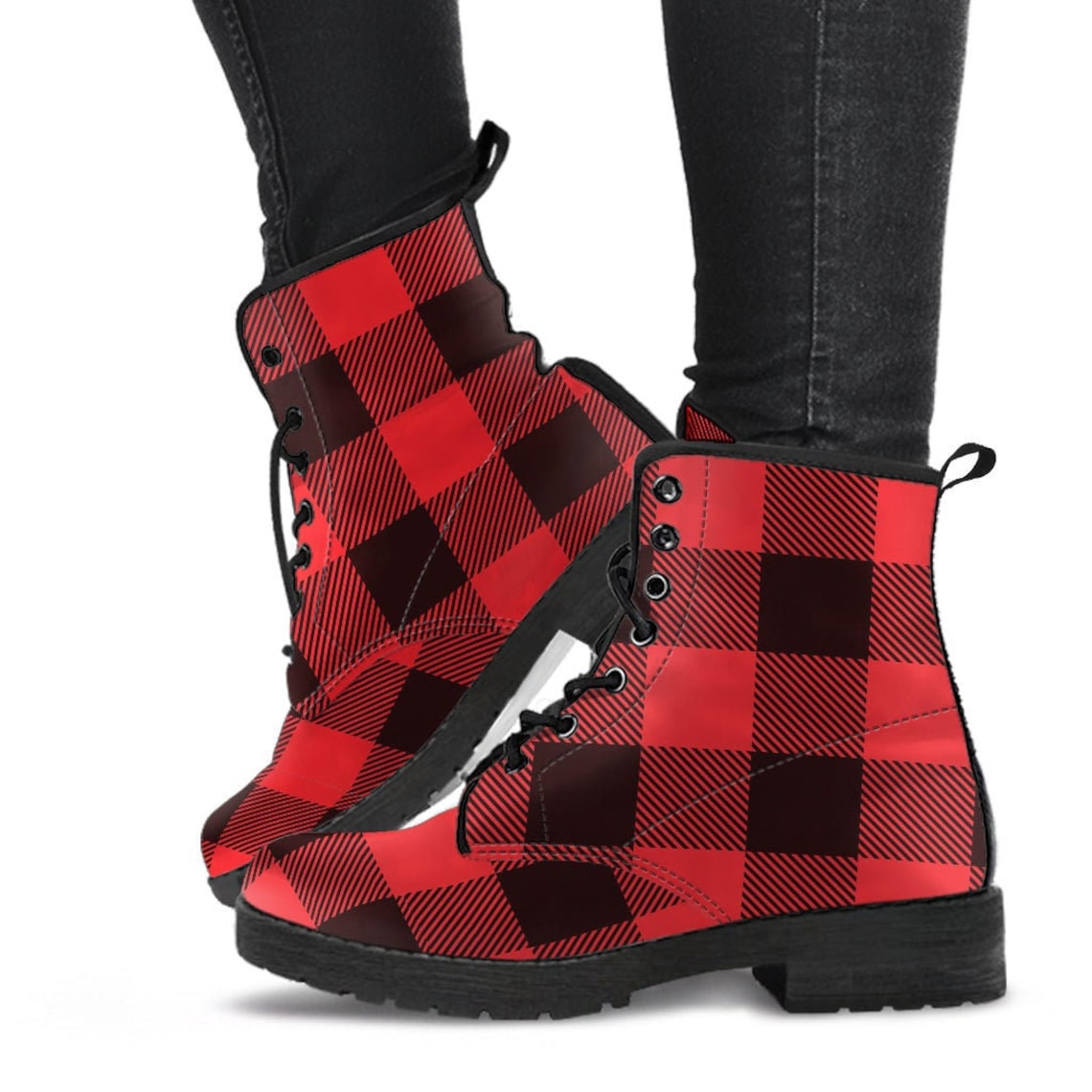 Combat Boots Black & Red Plaid Boots Red Boots Handmade - Etsy