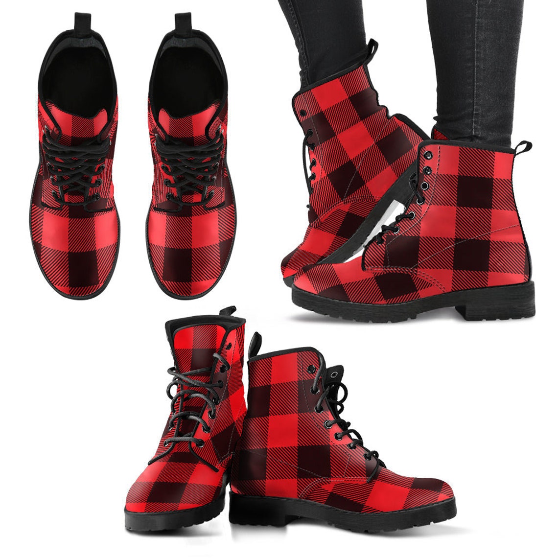 Combat Boots Black & Red Plaid Boots Red Boots Handmade - Etsy