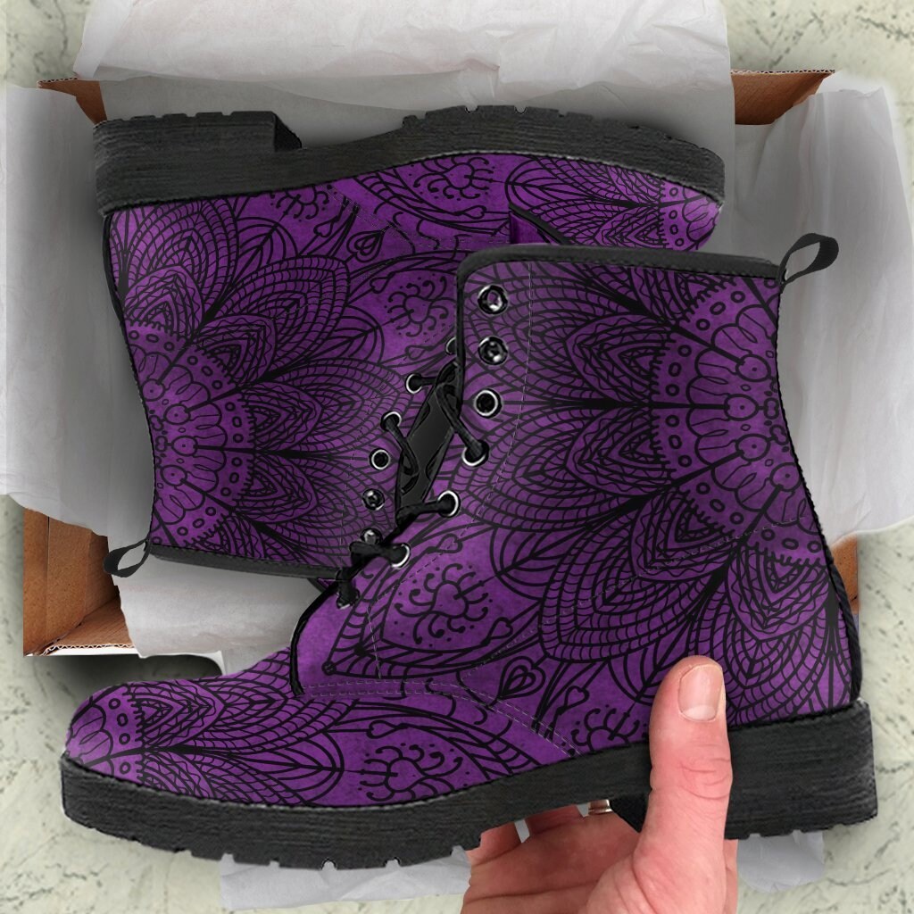 Combat Boots - Dark Purple Mandala | Purple Boots for Women, Handmade ...