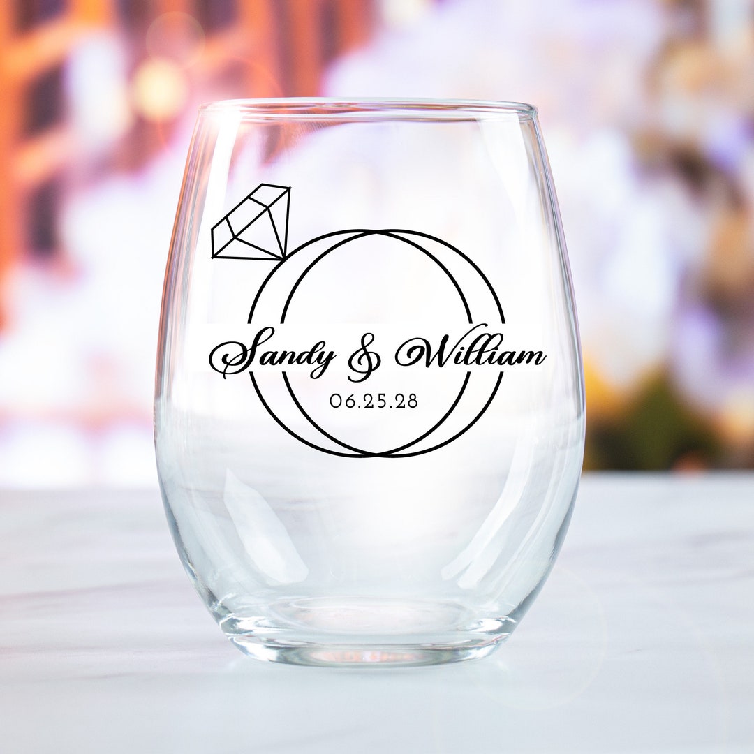 24pcs - Personalized 9oz Stemless Wine Glass - Wedding Ring Engagement ...
