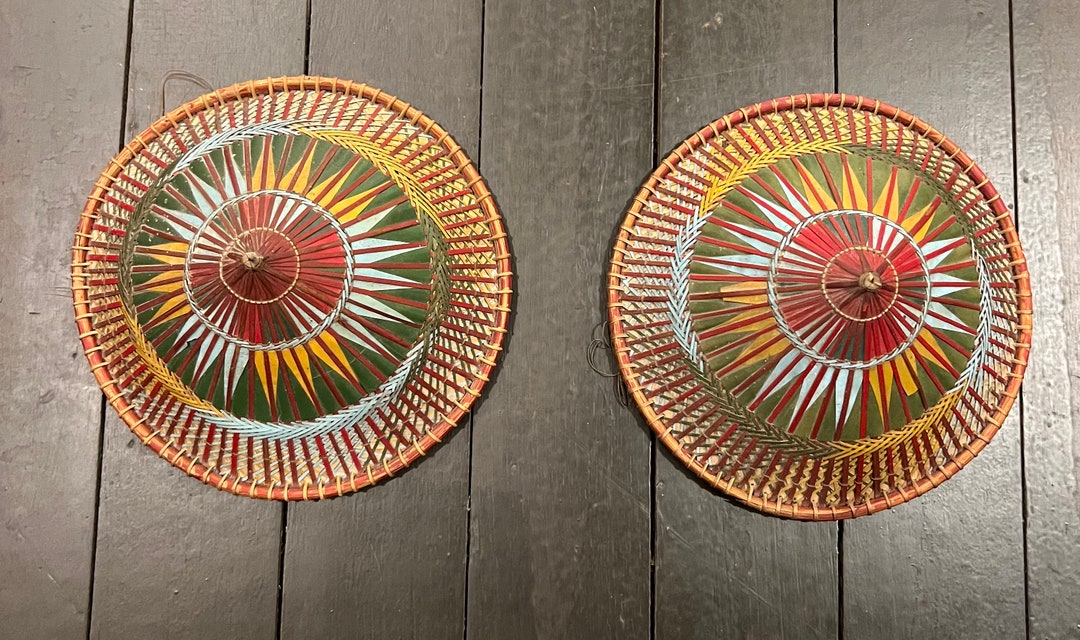 Old Melanau Pair of Palm Leaves Colour Ceremony Hat From Sarawak Borneo ...