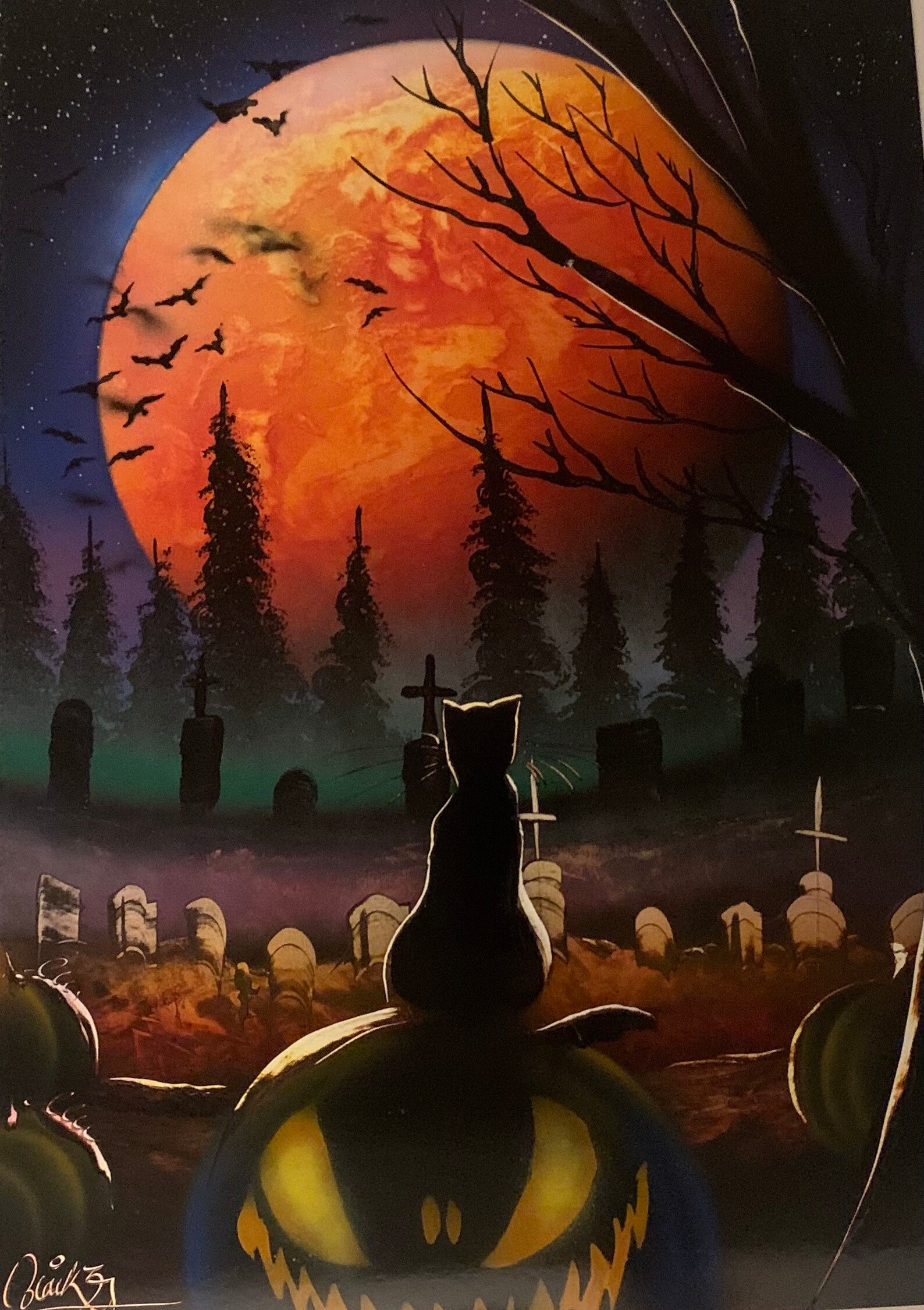 Halloween Spray Paint Art/ Halloween Art/orange Moon/ Spooky/ Cat ...