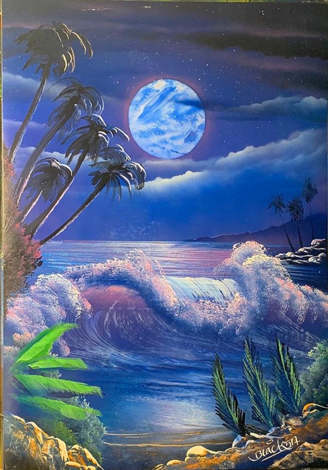Spray Paint Art/ Nighttime Moon Beach Spray Painting/ Purple Beach Art ...