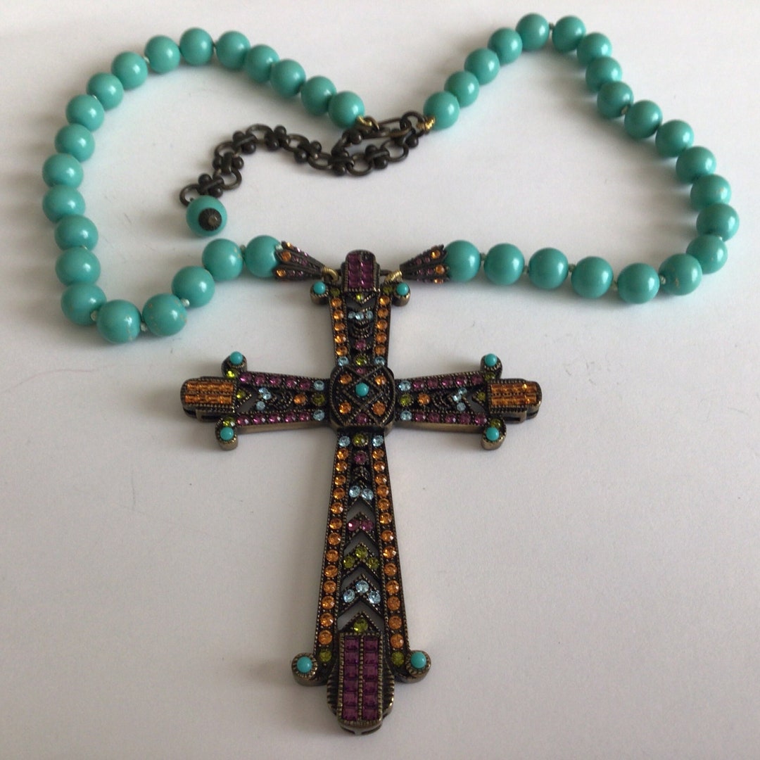 Heidi Daus Vintage Necklace/choker.cross Choker.faux Turquoise Beads ...