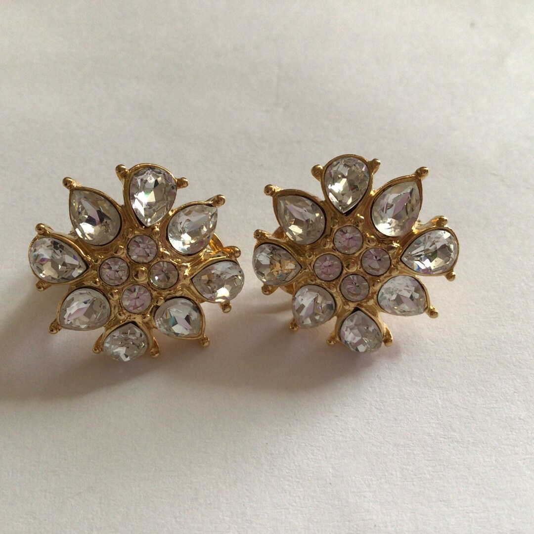 Monet Luxury Clips.hello From 1980s.gold Tone.swarovski Crystal. - Etsy
