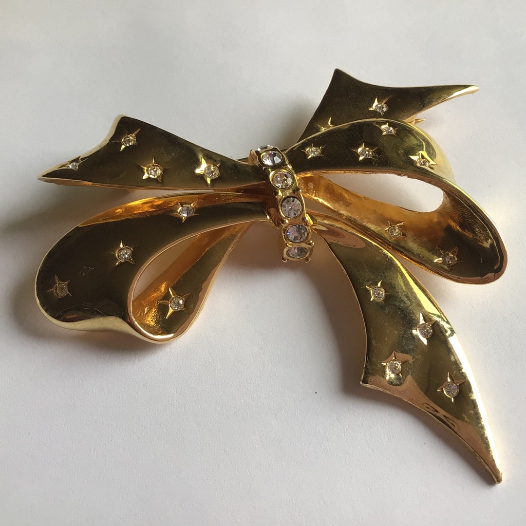 1980s Joan Rivers Bow Brooch Ribbon Pin Gold Tone Star Rhinestones ...