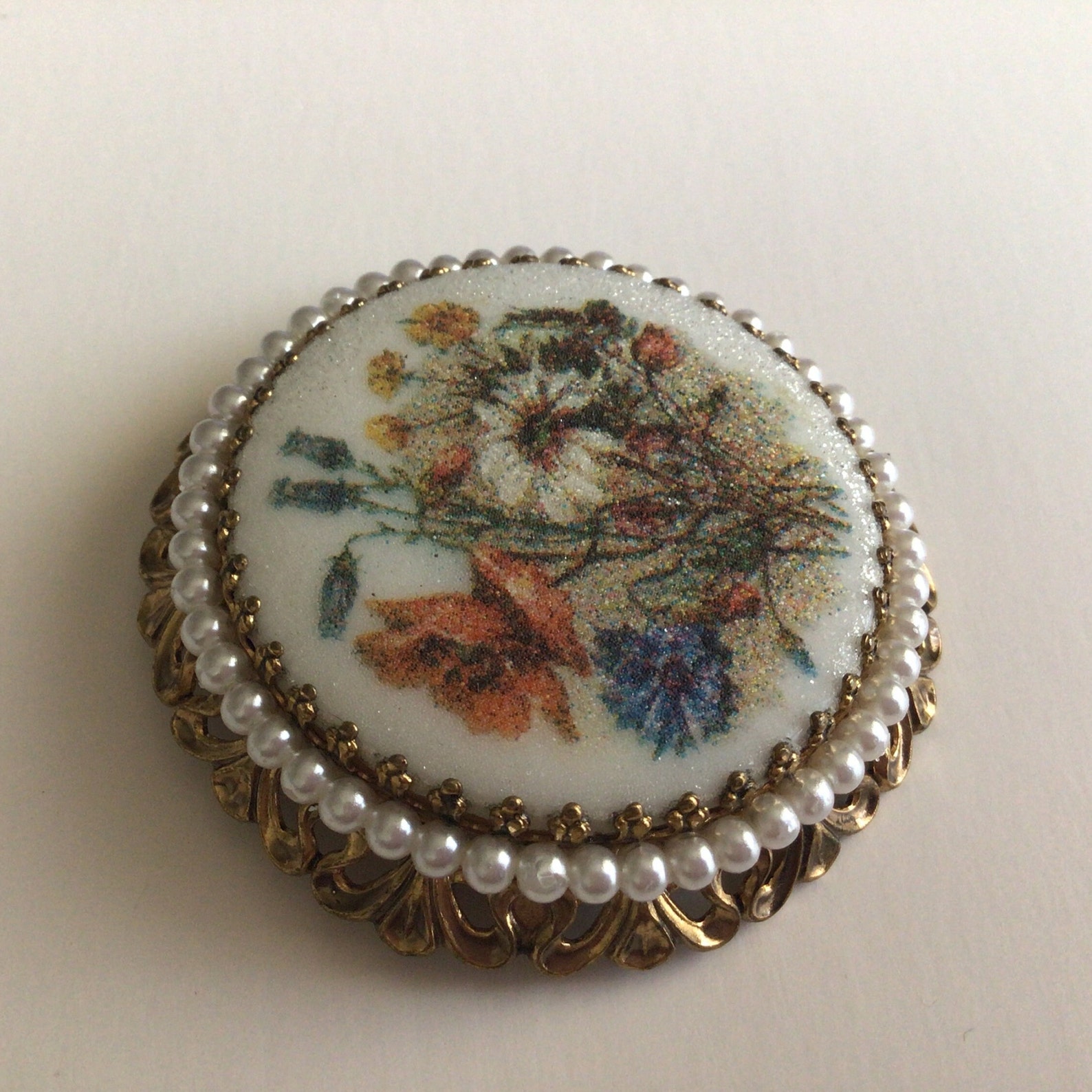 West Germany Sugar Glass Floral Brooch: 1960s Vintage Filigree Jewelry ...