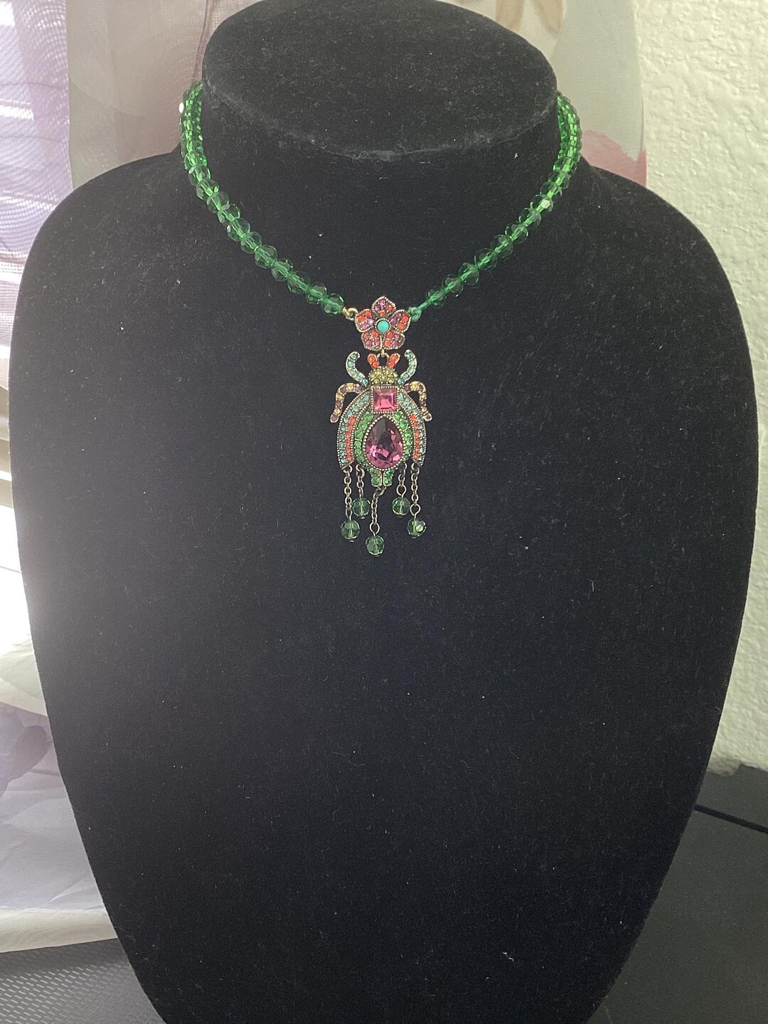 Vintage Heidi Daus Spider Necklace.green Crystal Beaded Necklace ...
