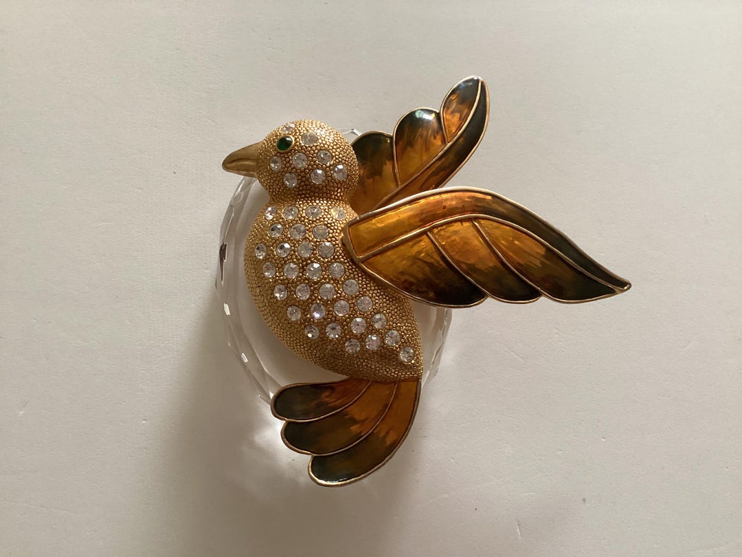 Vintage Large Bird Brooch.gold Tone,swarovski Crystal,orange Enamel ...